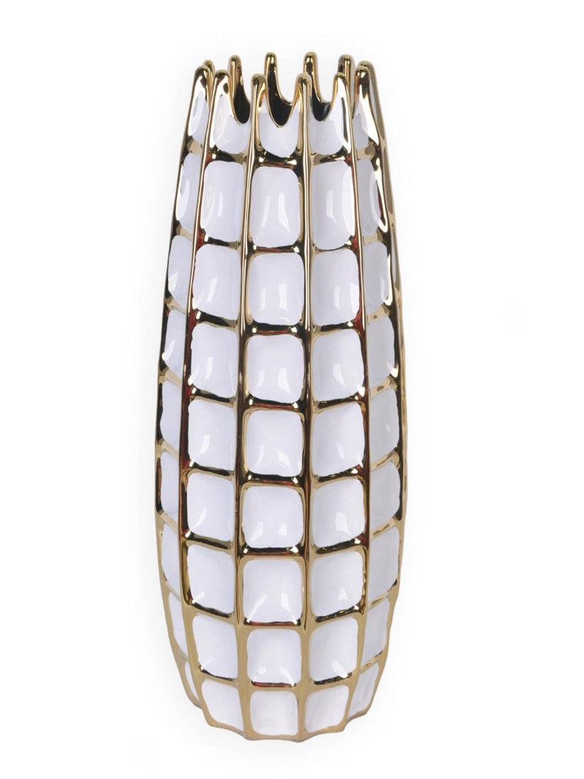 White Ceramic Vase With Gold Square Pattern | Luxury Vases – KYA Home Decor